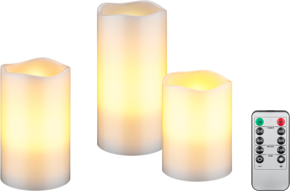 flammenlose Echtwachs LED-Kerzen 3er-Set mit realistischen Flammen, mi